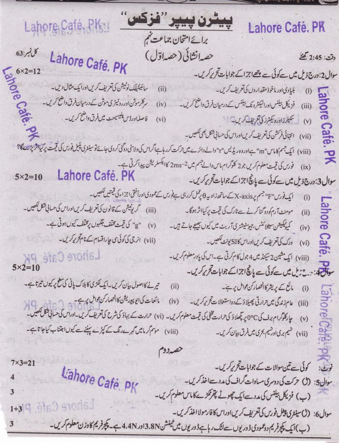 9th Class Physics Paper Pattern Urdu Medium Sample Papers